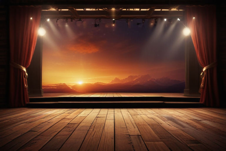 Stunning Sunset View from an Elegant Theater Stage with Soft Lighting