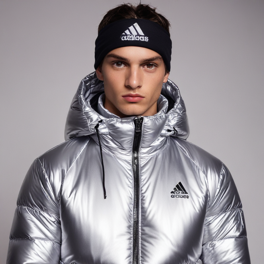 Male supermodel adidas shiny puffer jacket bling jewellery hood headband