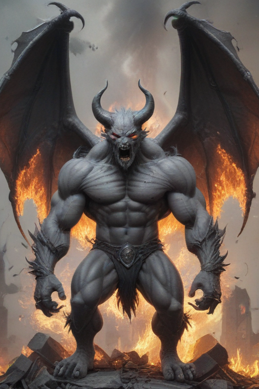 hyper muscular grey scale devil with wings, silver horns, tail and fire ...