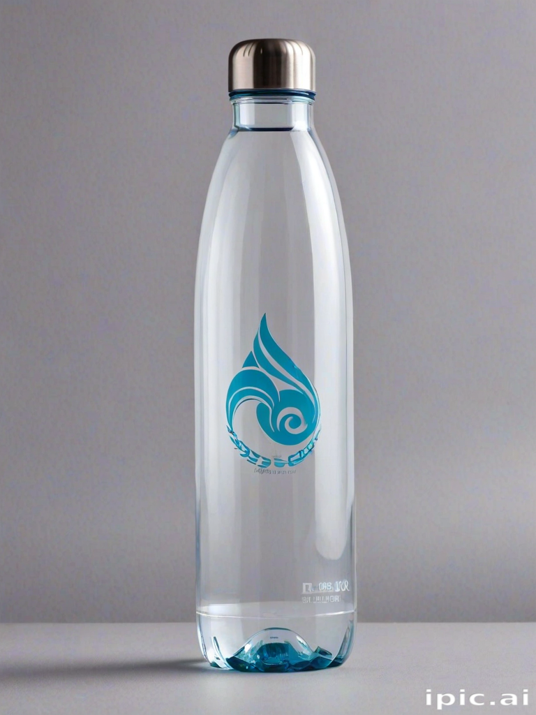 Stylish Clear Water Bottle with Elegant Blue Logo Design on Label
