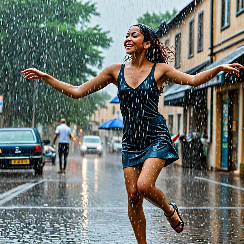 a woman dancing under the rain