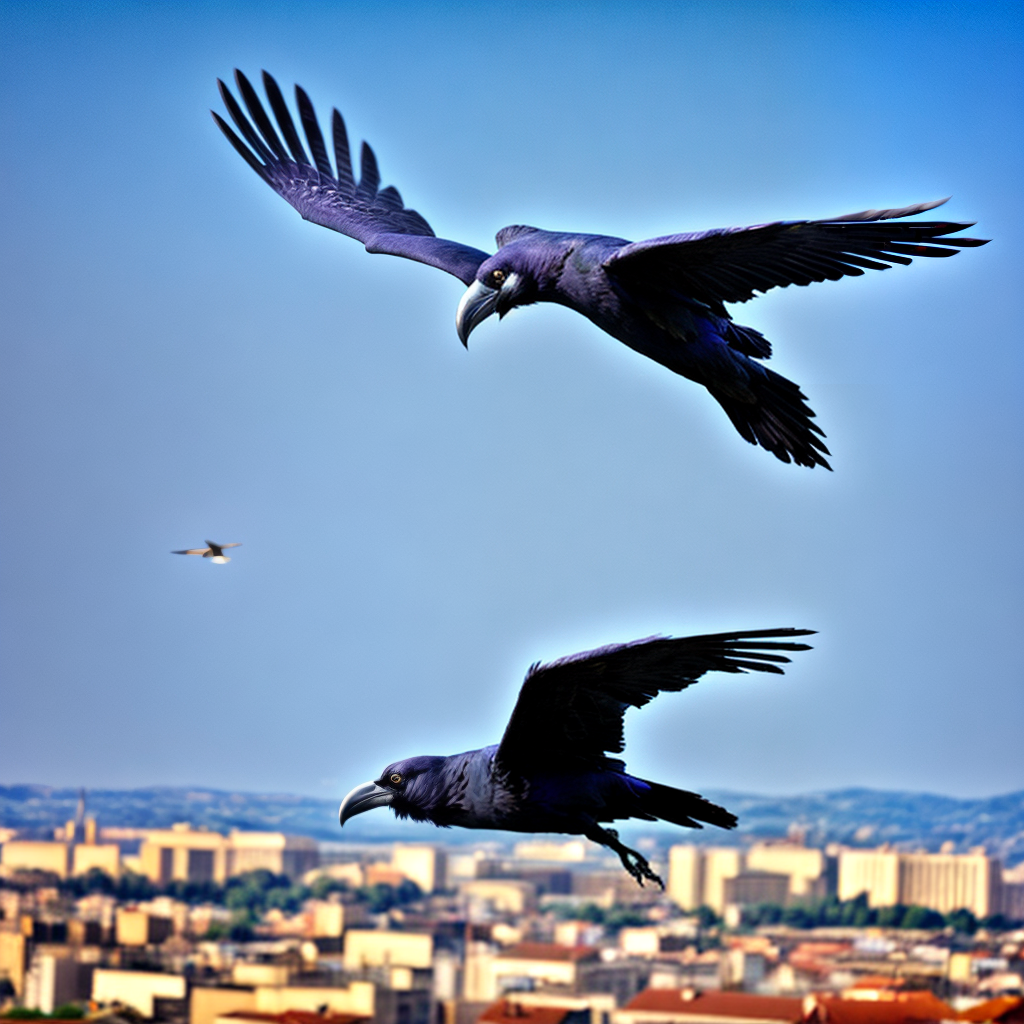an old raven flying over the city of Calafat Romania