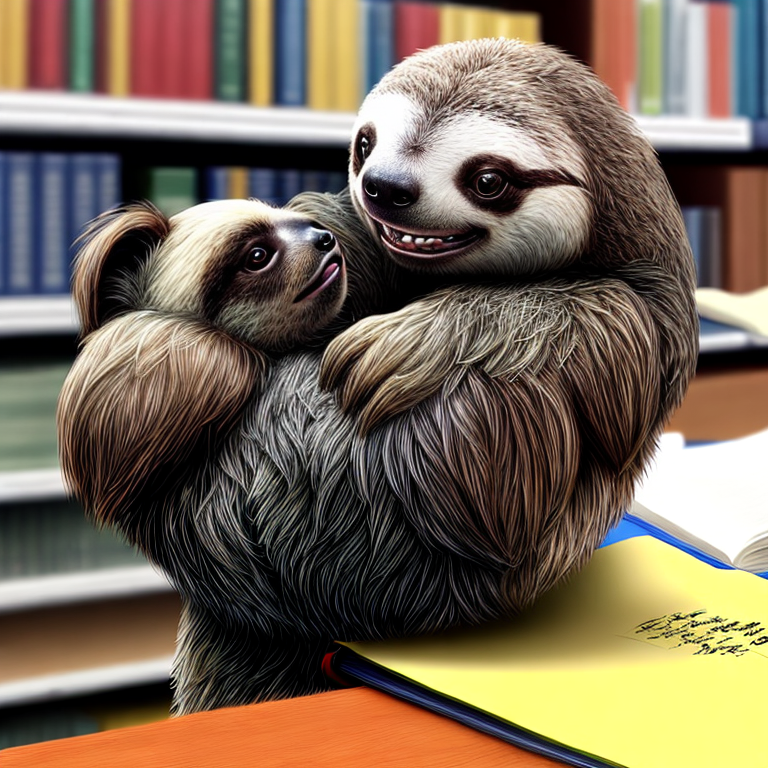 A sloth and a dog studying together in a library