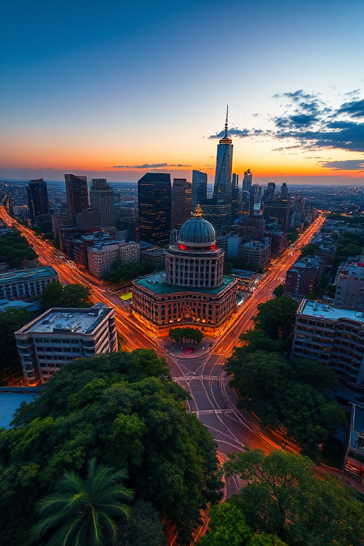 Generate a high-resolution urban skyline image at dusk showcasing a ...