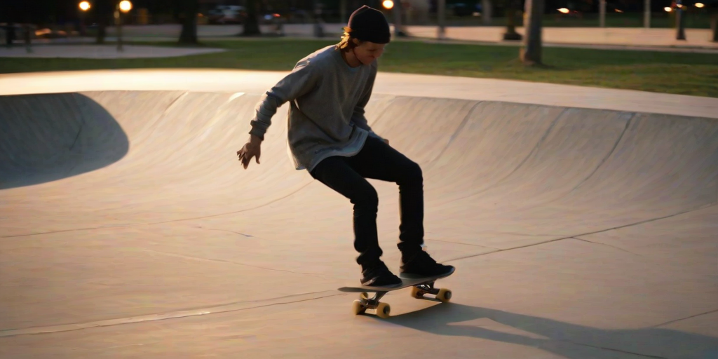 Skateboarder Performing a Trick in a Sunlit Urban Skate Park Scene