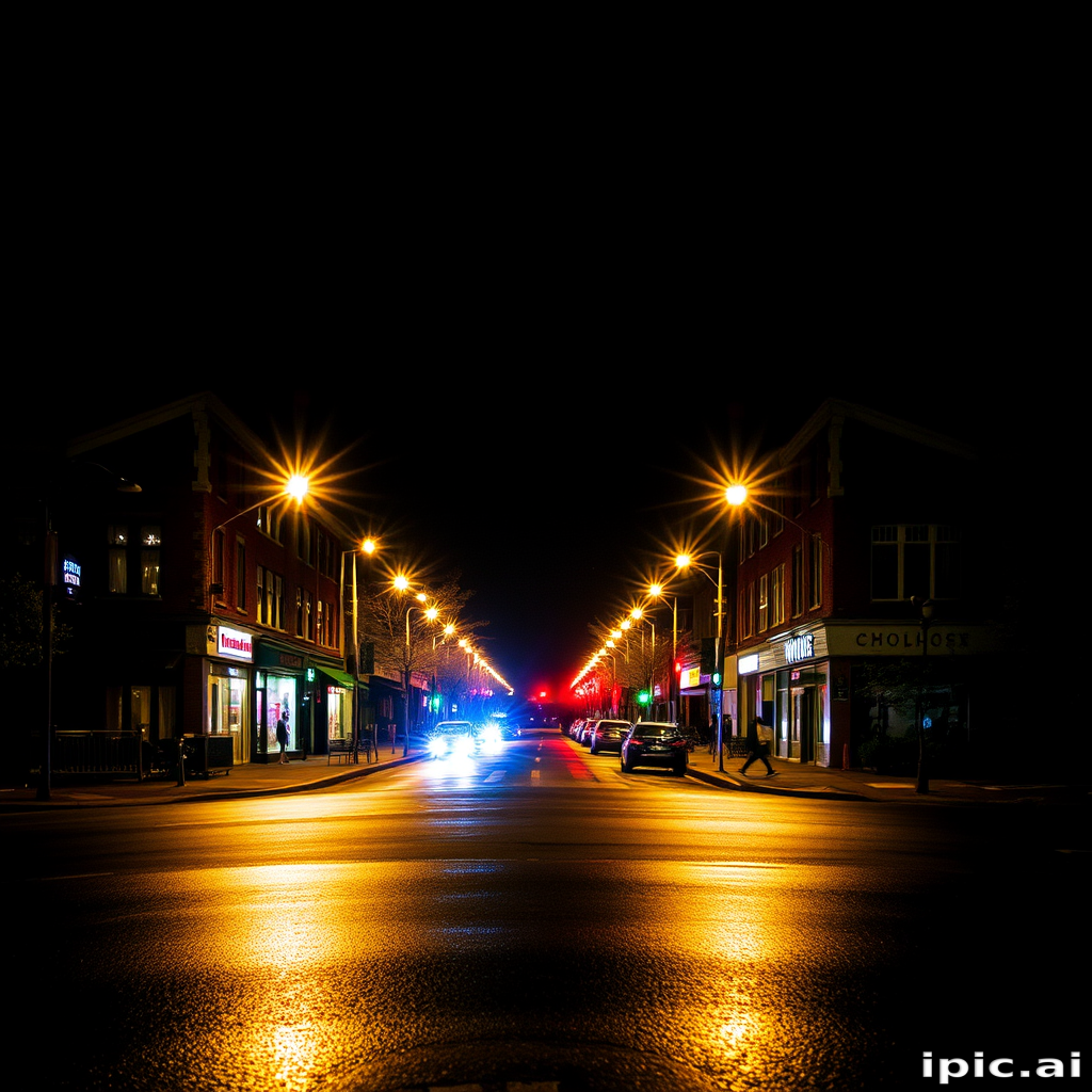Quiet Night Street Scene Illuminated by Warm Streetlights and Colorful ...