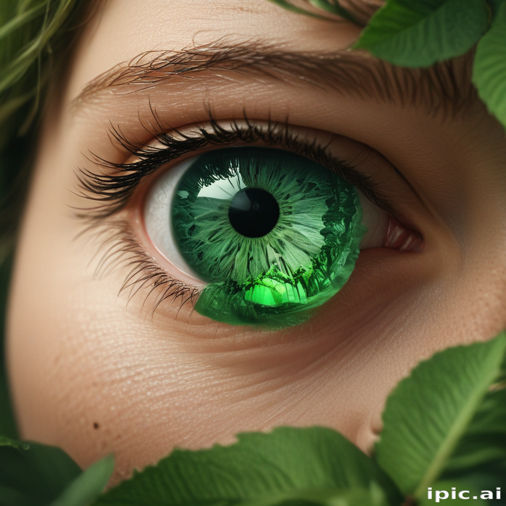 Captivating Green Eye Surrounded by Lush Greenery and Nature's Beauty