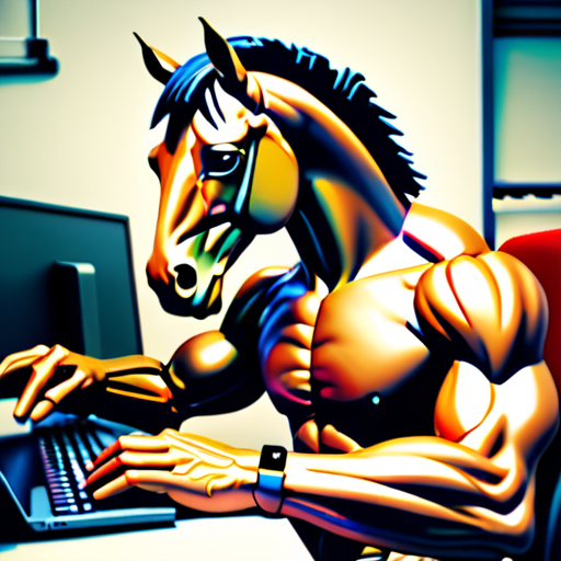 super jacked humanoid angry horse, writing programming code on a computer