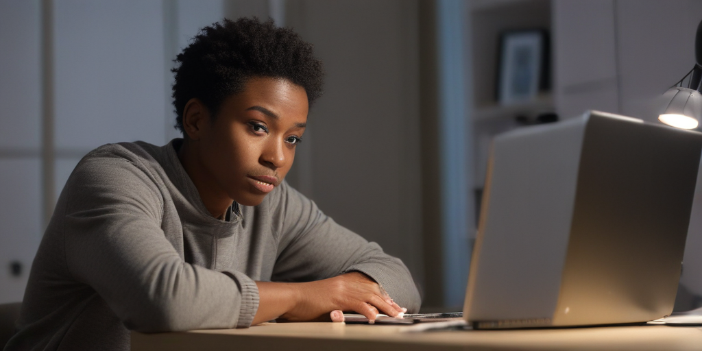tired black person staring into computer at night