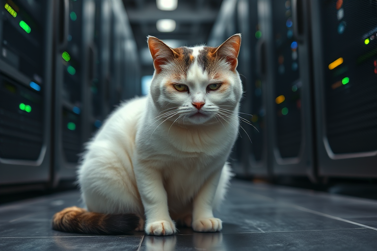 Curious Cat Relaxing in a High-Tech Data Center Among Servers