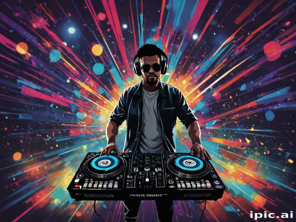 Dynamic DJ Mixing Beats in a Colorful Explosion of Sound and Energy