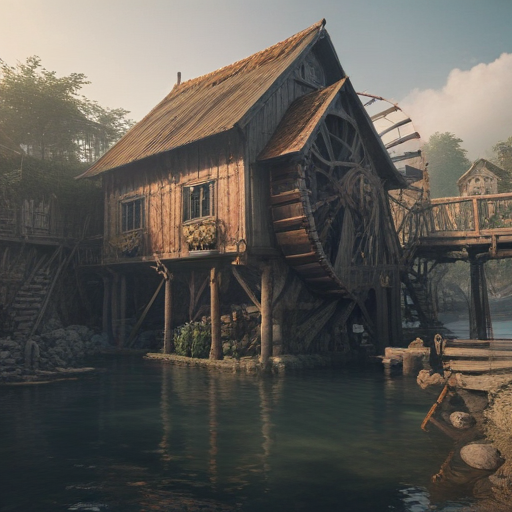 Industrial fantasy building with waterwheel in a fishing village.