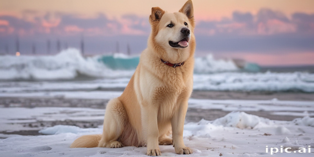 A Playful Dog Enjoying a Beautiful Sunset on the Beach Shoreline