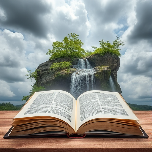 A Majestic Waterfall Surrounded by Nature Emerging from an Open Book