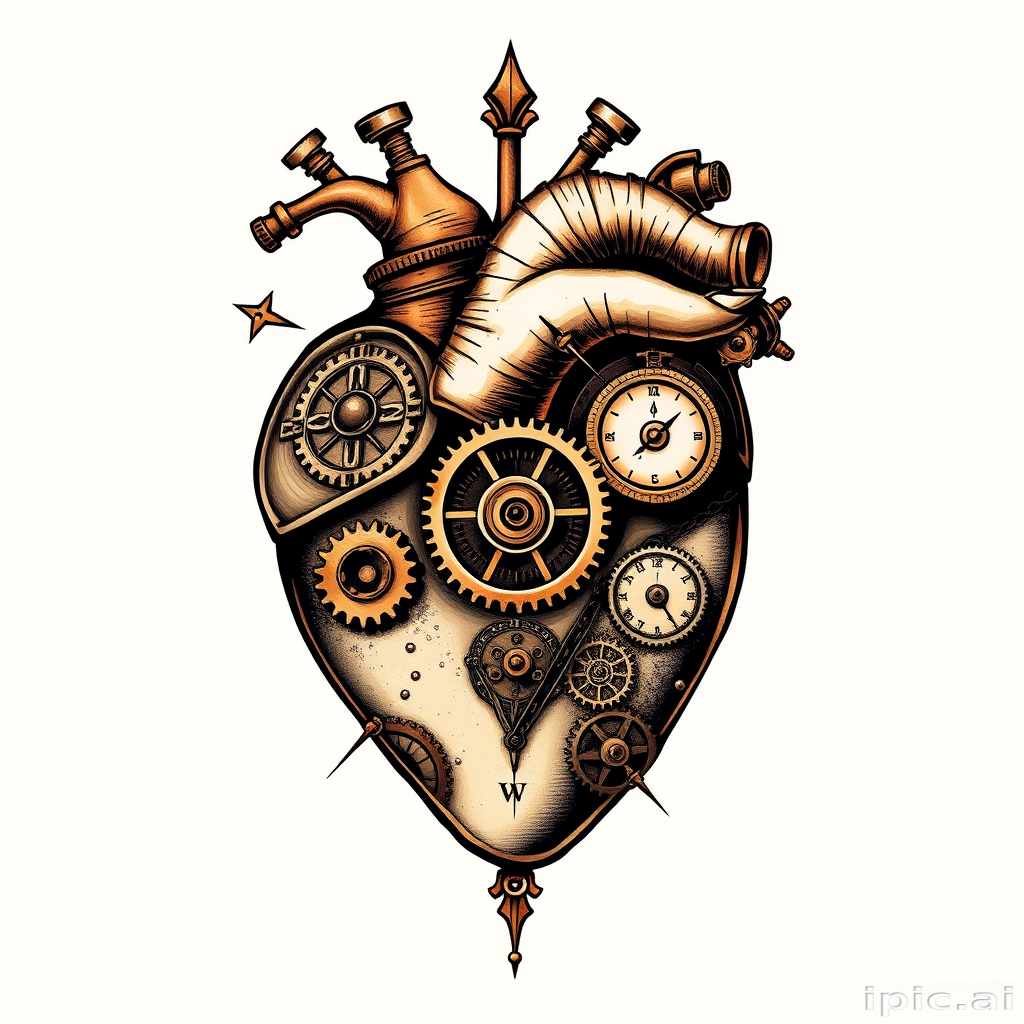 Intricate Steampunk Heart Design Featuring Gears, Clockworks, and Pipes