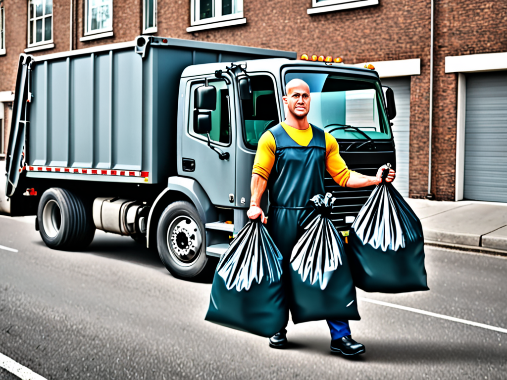 realistic handsome bald muscular garbagemen carrying black garbage bags ...