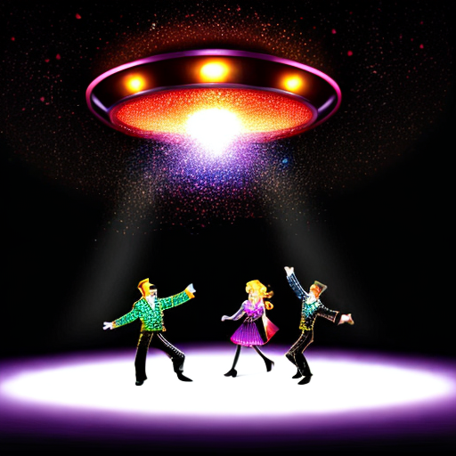 two kings and a queen dancing under a disco ball with light rays