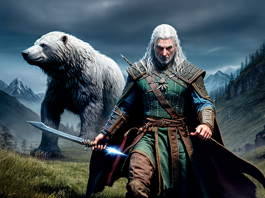 Create a male wizard character, long white hair, with a staff in his ...