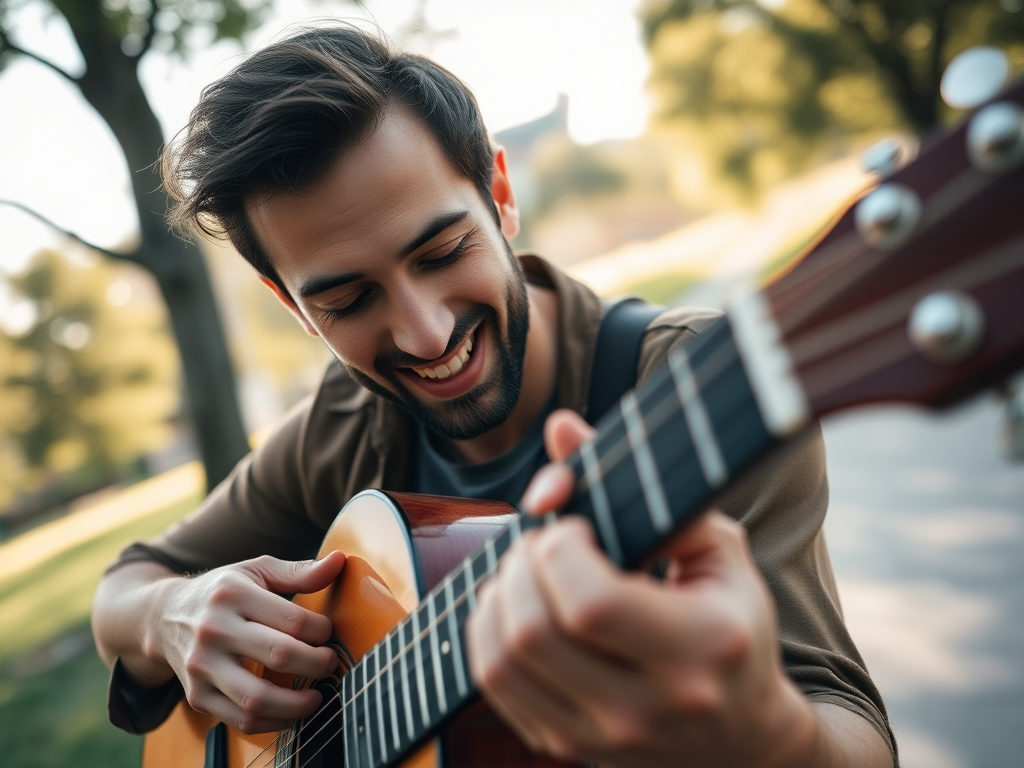 Young Man Joyfully Playing Acoustic Guitar in a Beautiful Outdoor Setting