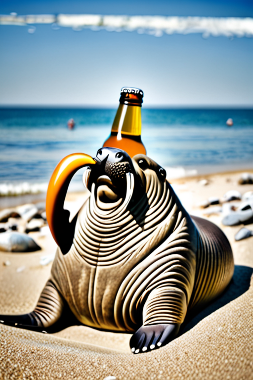 a walrus drinking beer at the beach