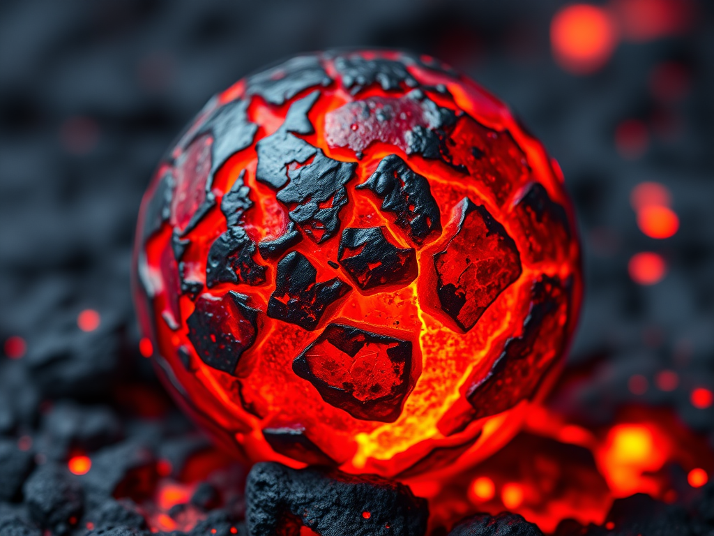 Glowing Lava Sphere Surrounded by Fiery Cracks and Molten Rock Texture