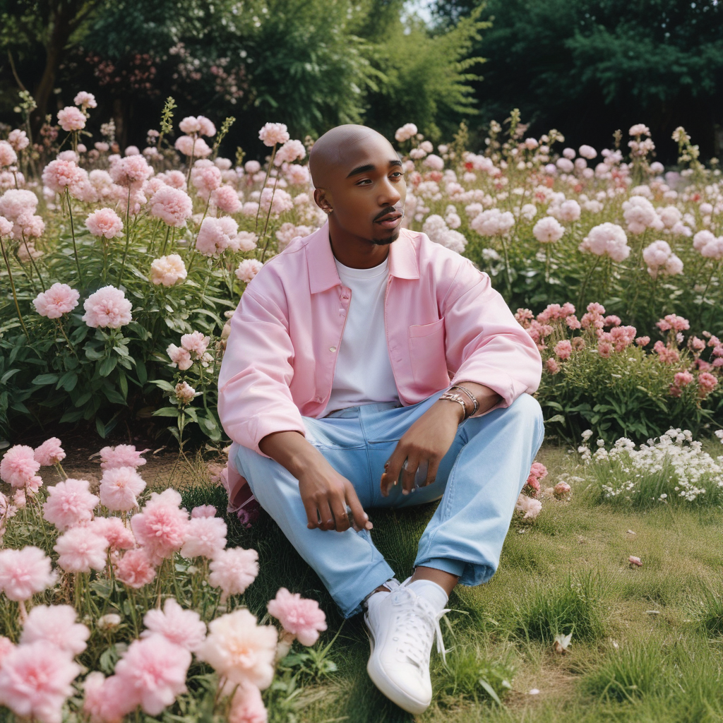 Tupac Shakur sitting in flower garden eating sugar cotton candy