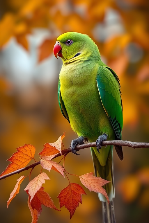 A Vibrant Green Parrot Perched on a Branch Among Autumn Leaves.