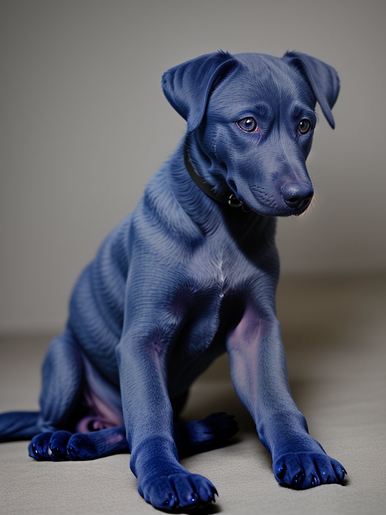 A Playful Blue Puppy Sitting Elegantly on a Soft Surface Indoors.