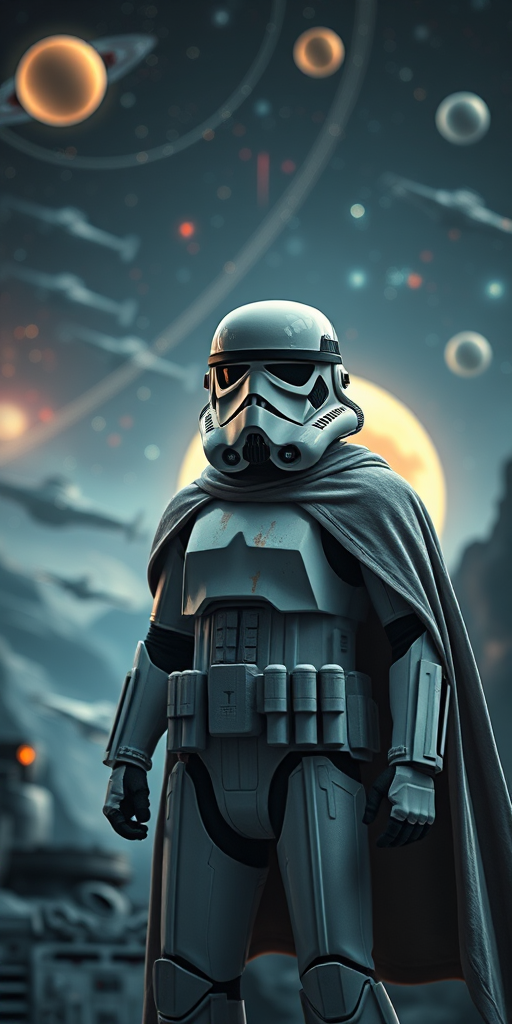 Galactic Stormtrooper in a Spacecape Surrounded by Distant Planets and ...