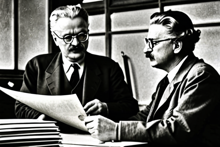 Trotsky is sitting at his desk in his office reading a piece of paper ...