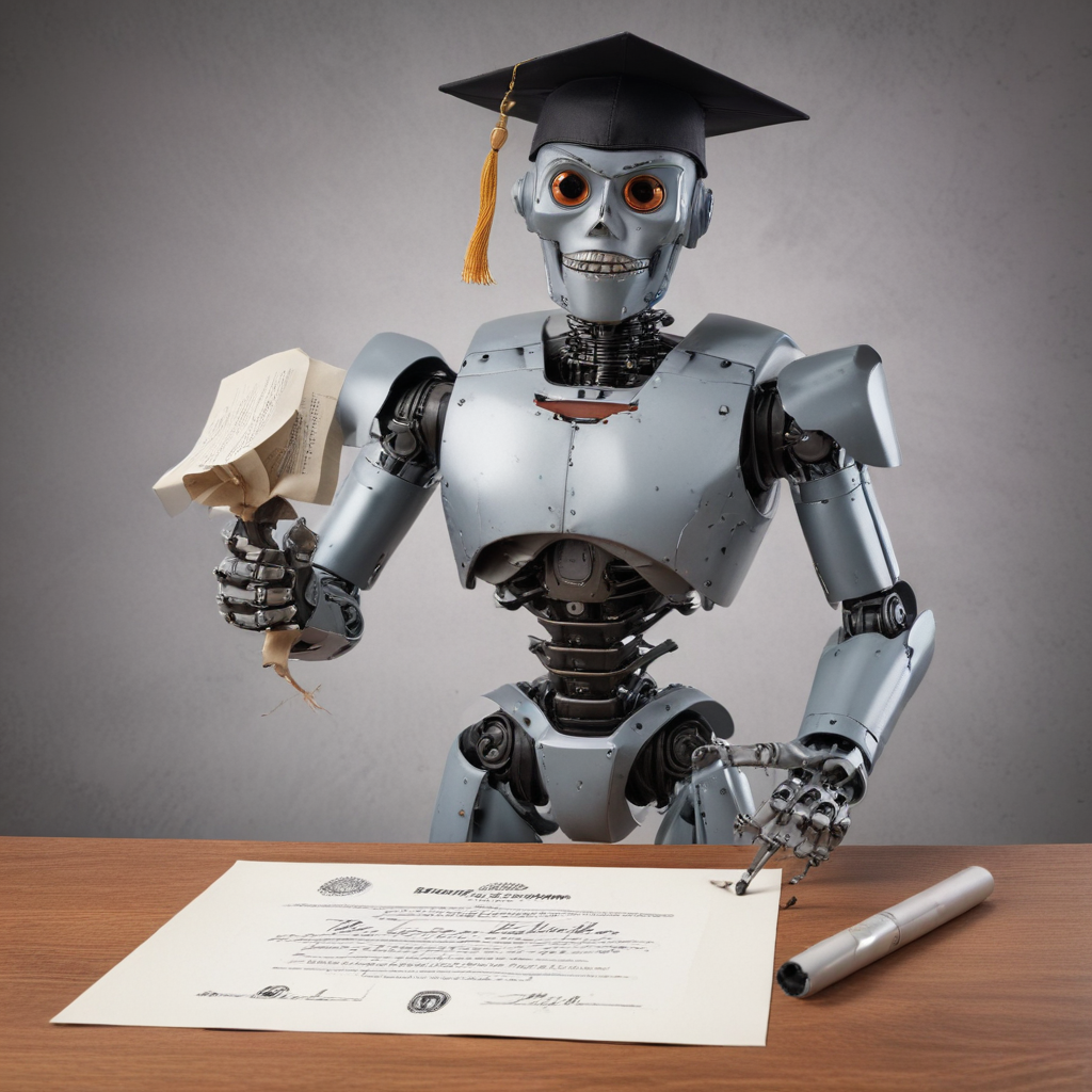 robot destroying a college diploma
