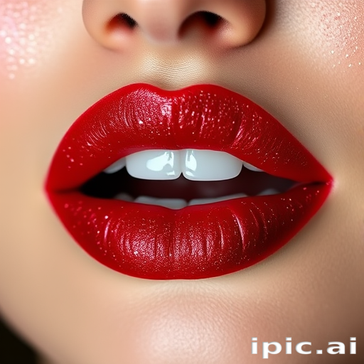 Close-Up of Glossy Red Lips with a Sparkling Finish and Perfect Smile