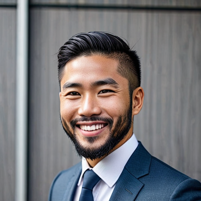 mixed asian man with beard at work short haircut suit smiling