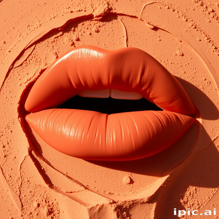 Vibrant Orange Lips Emerging from a Textured Sandy Background in Art