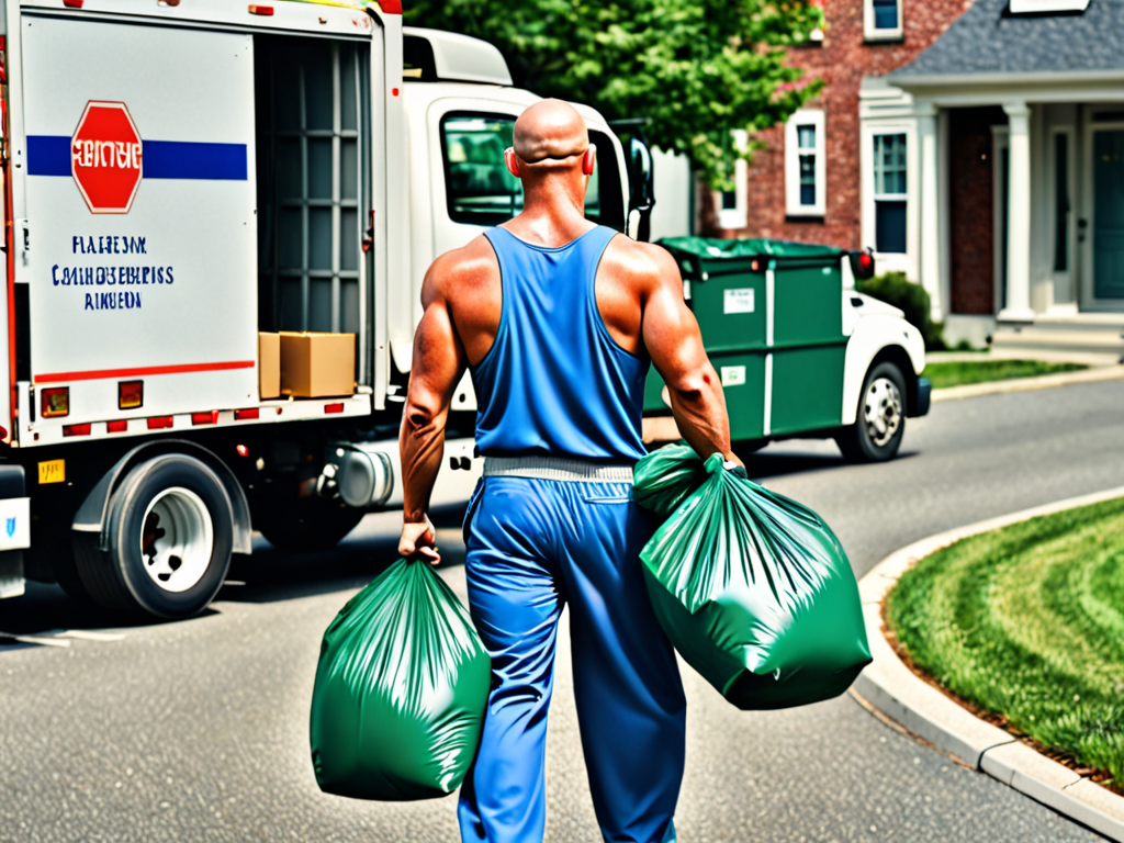realistic handsome bald muscular garbagemen from behind carrying ...
