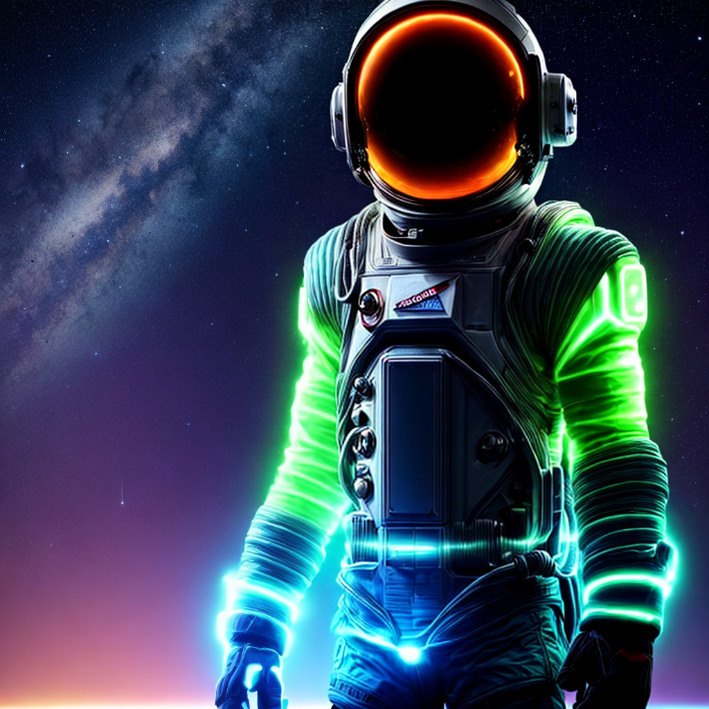 a close-up photo of an astronaut in a glowing suit made of plasma, as ...