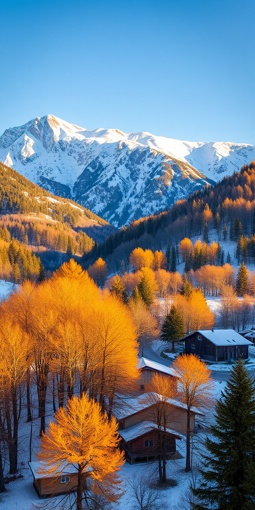 Serene Autumn Landscape with Snow-Capped Mountains and Golden Trees