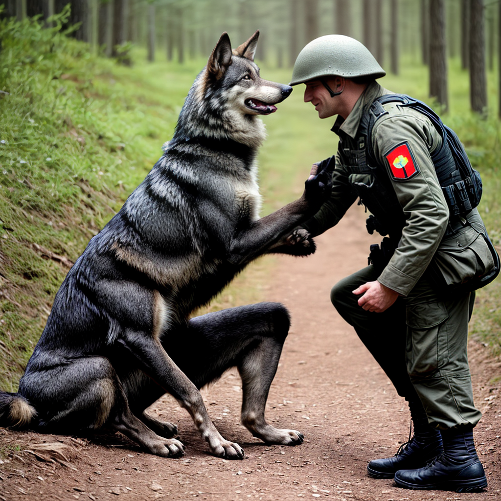 German soldier in world war II meeting a wolf in forrest