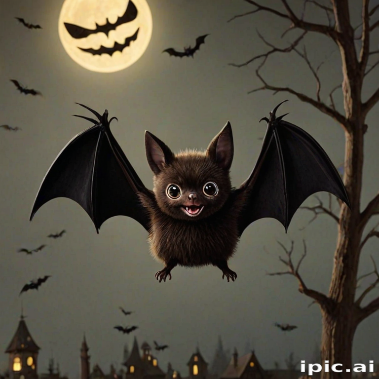 Whimsical Bat with Big Eyes Flying Against a Full Moon Background