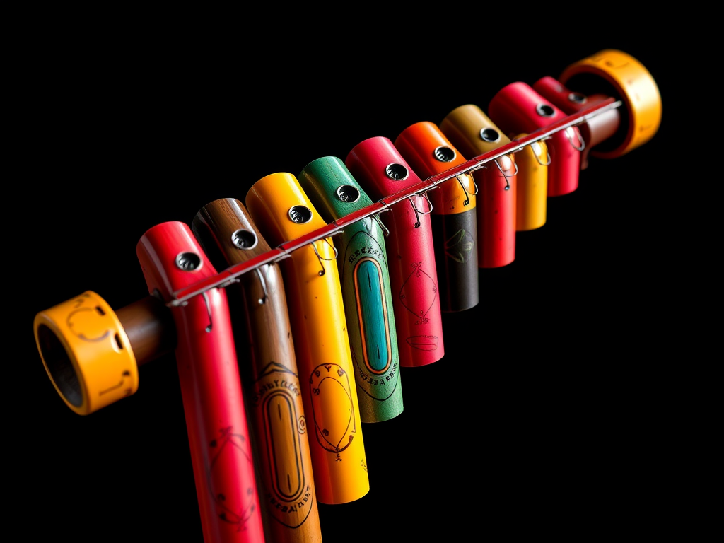 Colorful Wooden Flutes Arranged in a Musical Display on Black Background