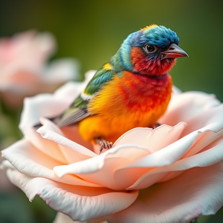 A Colorful Bird Perched Gracefully on a Delicate Pink Rose Blossom.