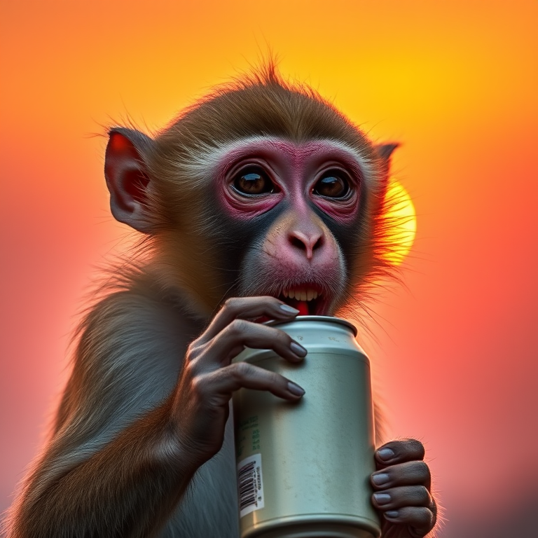 A Playful Monkey Enjoying a Cold Drink Against a Stunning Sunset.