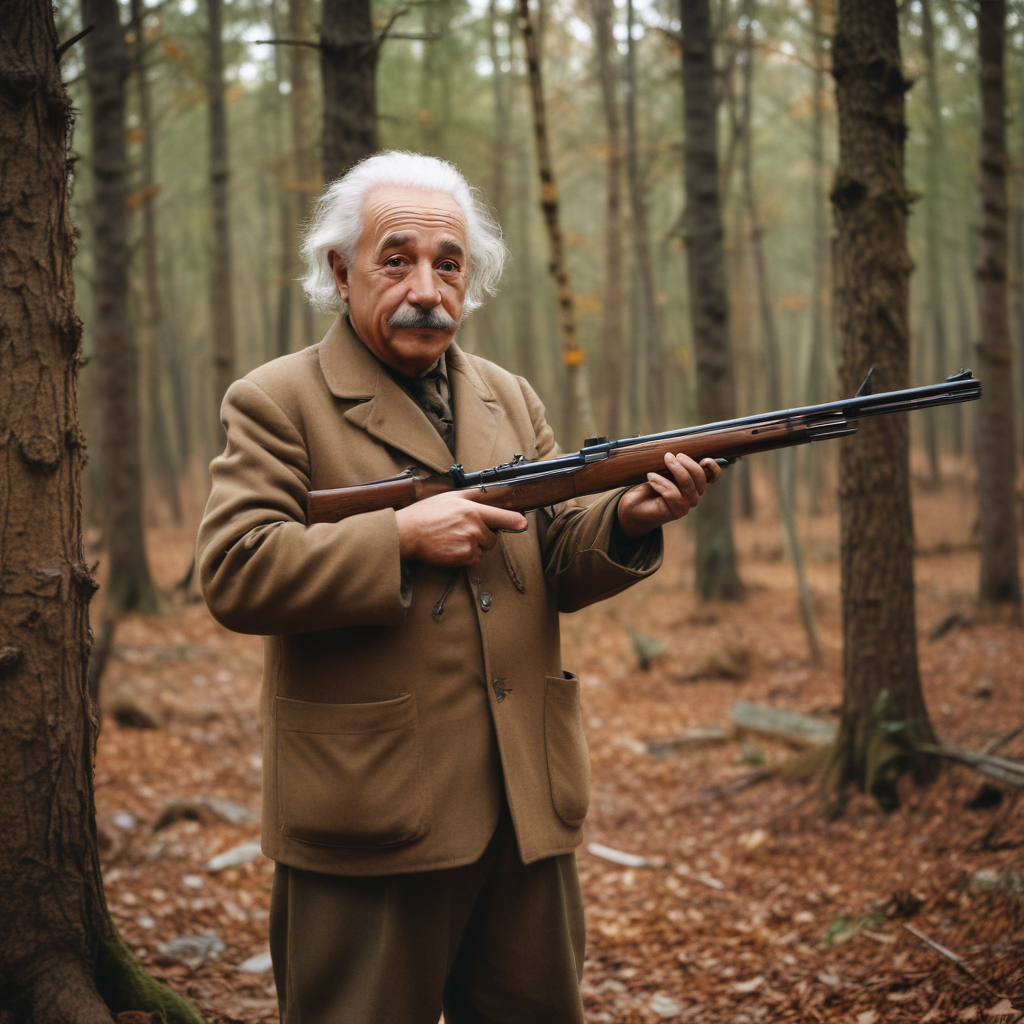 Albert Einstein with rifle shooting turkey in forest