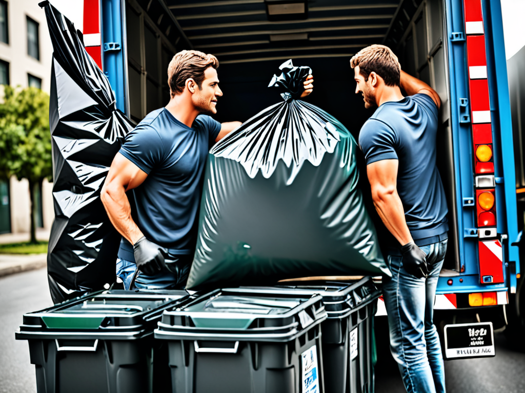 2 realistic handsome muscular garbagemen from behind throwing black ...