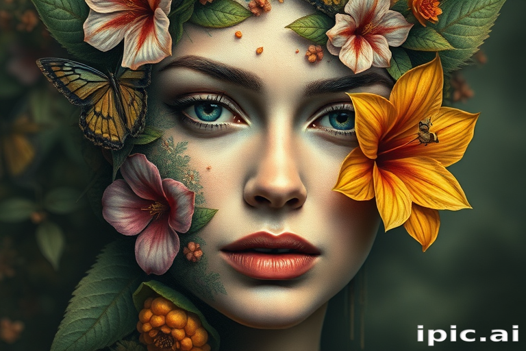 Enchanting Portrait of a Woman Surrounded by Vibrant Flowers and Nature