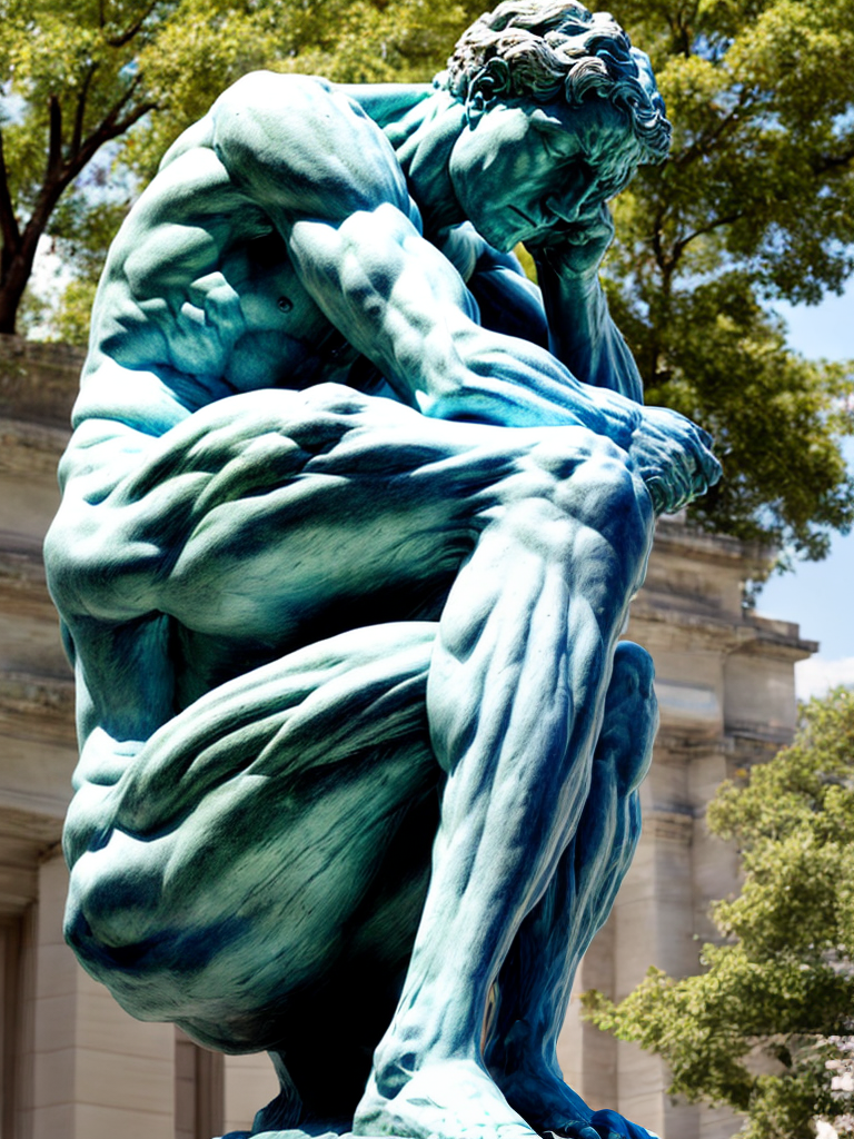 Rodin's "The Thinker" in blue and white