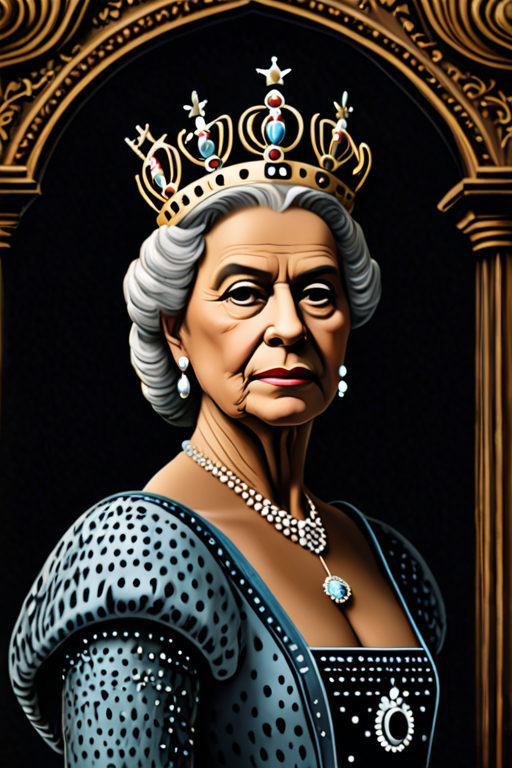 realistic queen looking downward in a dark room