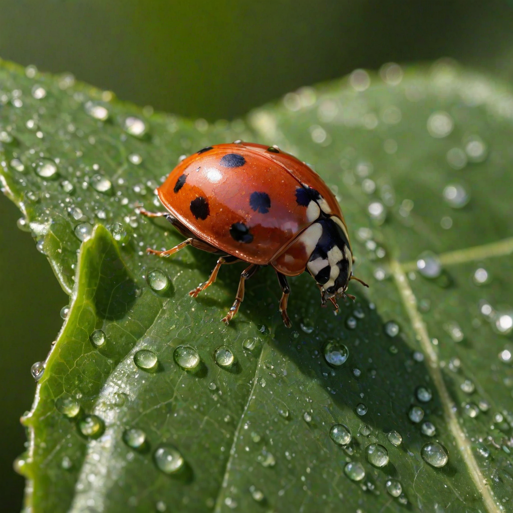 Close-Up of a Beautiful Ladybug on a Dewy Green Leaf