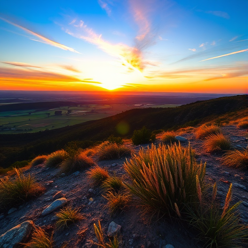 Stunning Sunset Overrolling Hills and Fields Under a Vibrant Sky