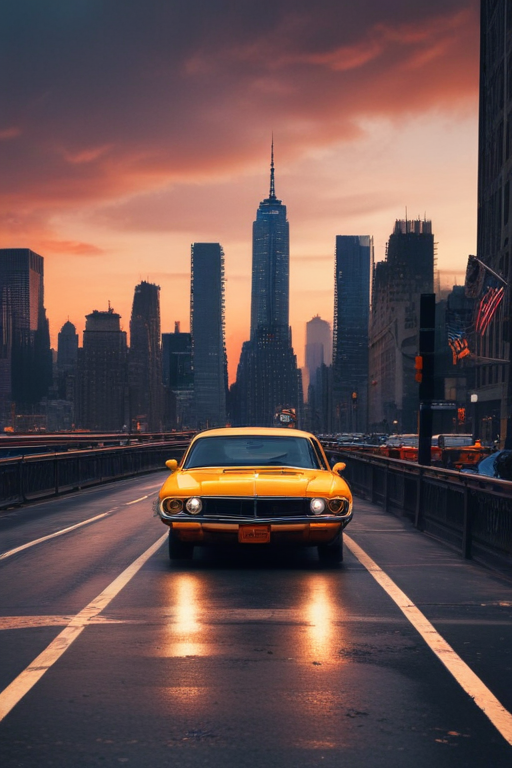 Classic Yellow Taxi Gliding Through New York City at Sunset